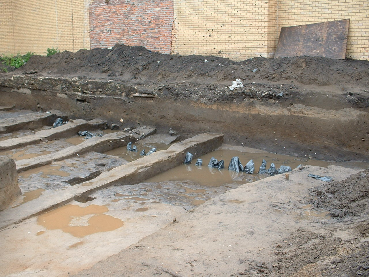 The wet ditch excavated in 2003 with the wooden fence alignment visible ...